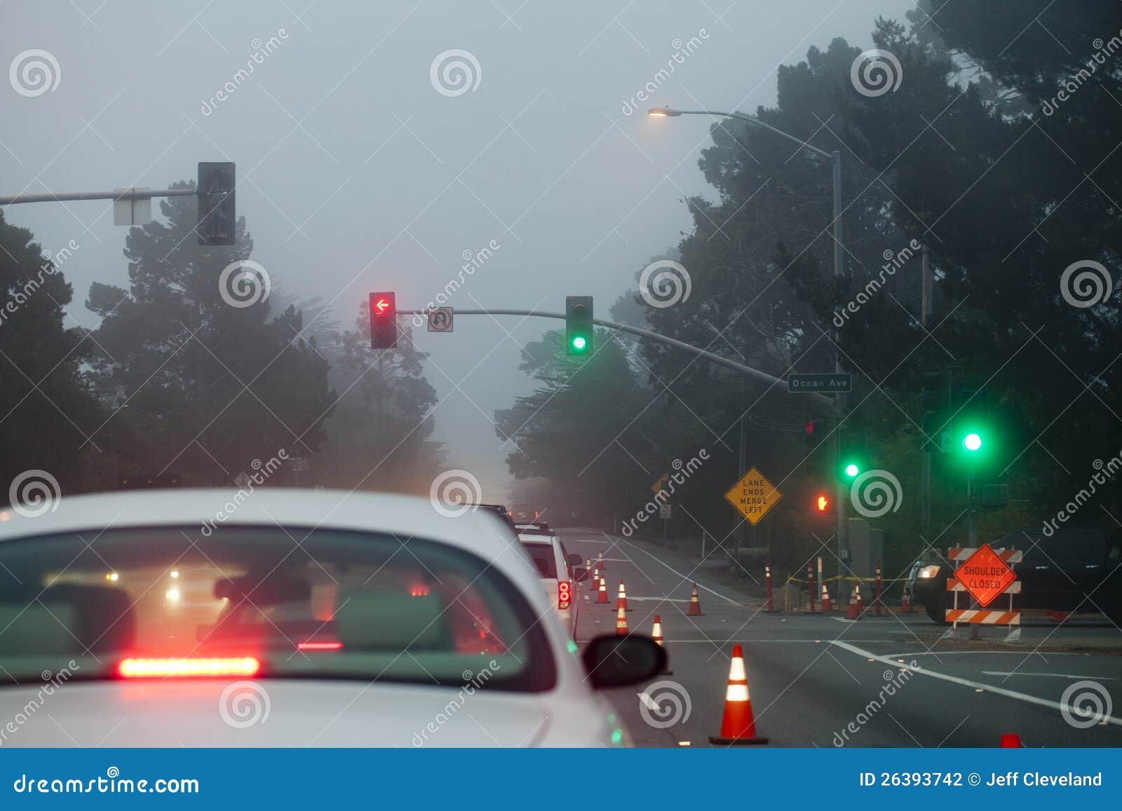 Traffic Starting in Fog Green Light Cones Stock Photo - Image of lights ...