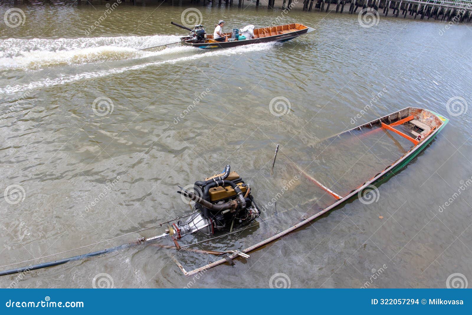 Traffic on a Water Canal with a Sinking Boat, Thailand Editorial Stock ...