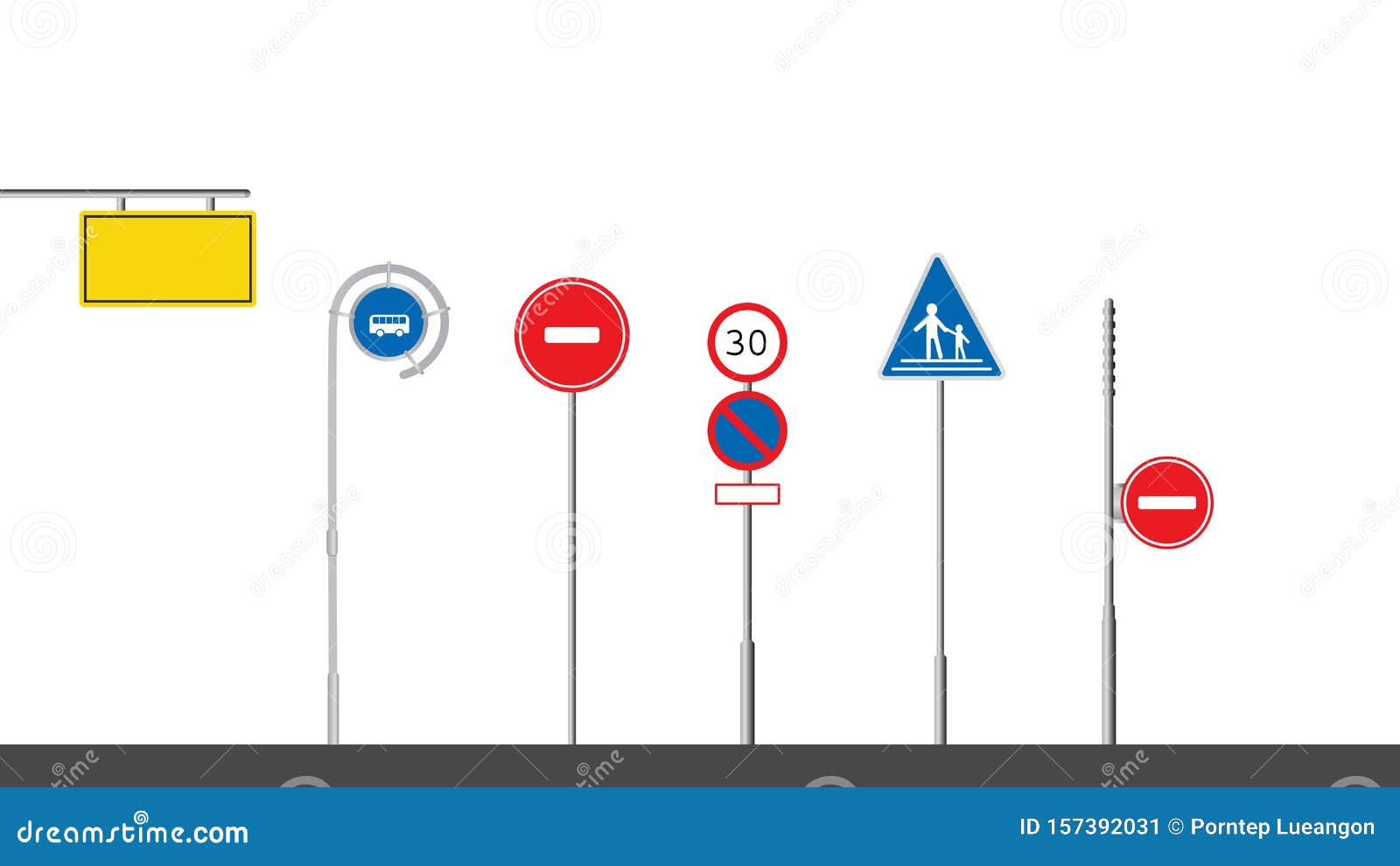 Traffics Sign With Pole Isolated White Background.Road Symbols Set ...
