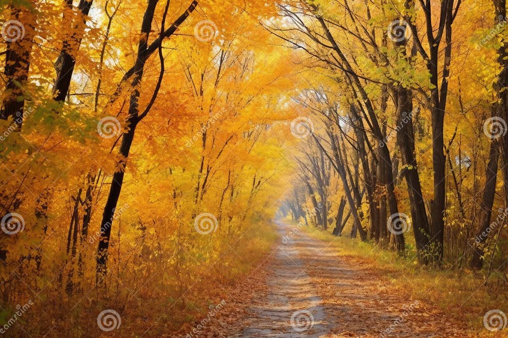Trail Covered with Fall Dew among Bright Deciduous Trees Stock Photo ...