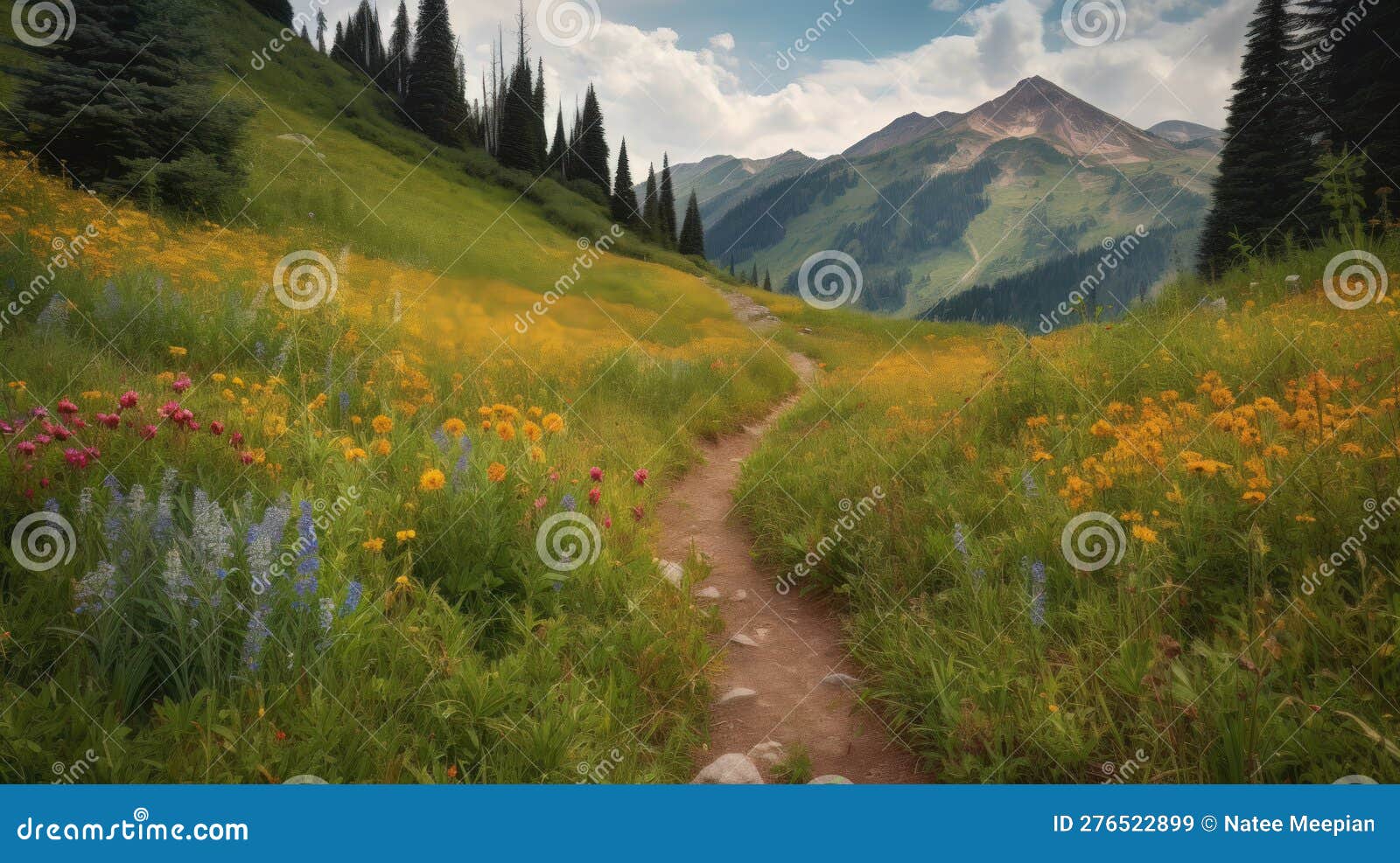Trail Leading Onto Mountains with Flowering Meadows. Generative AI ...