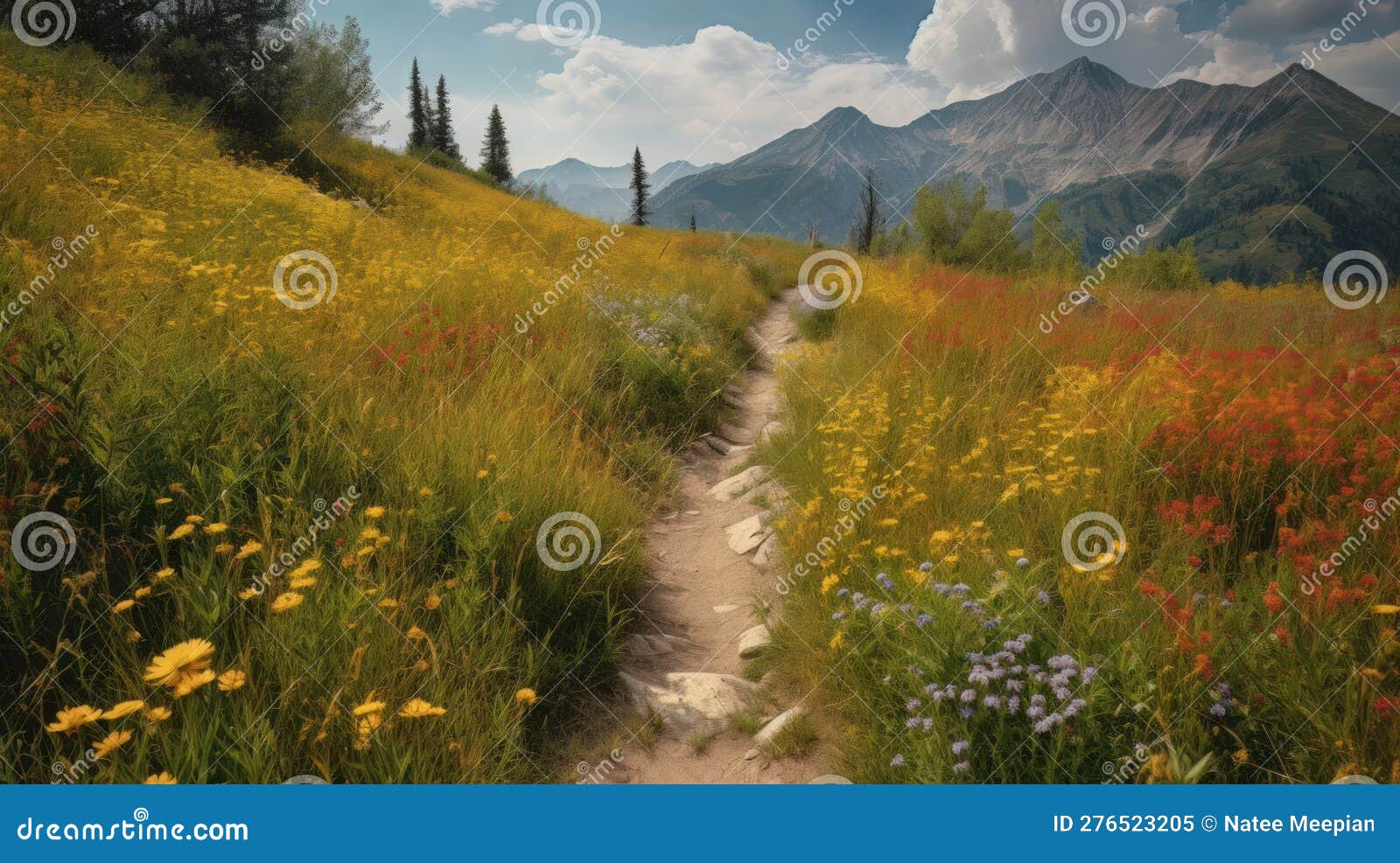 Trail Leading Onto Mountains with Flowering Meadows. Generative AI ...