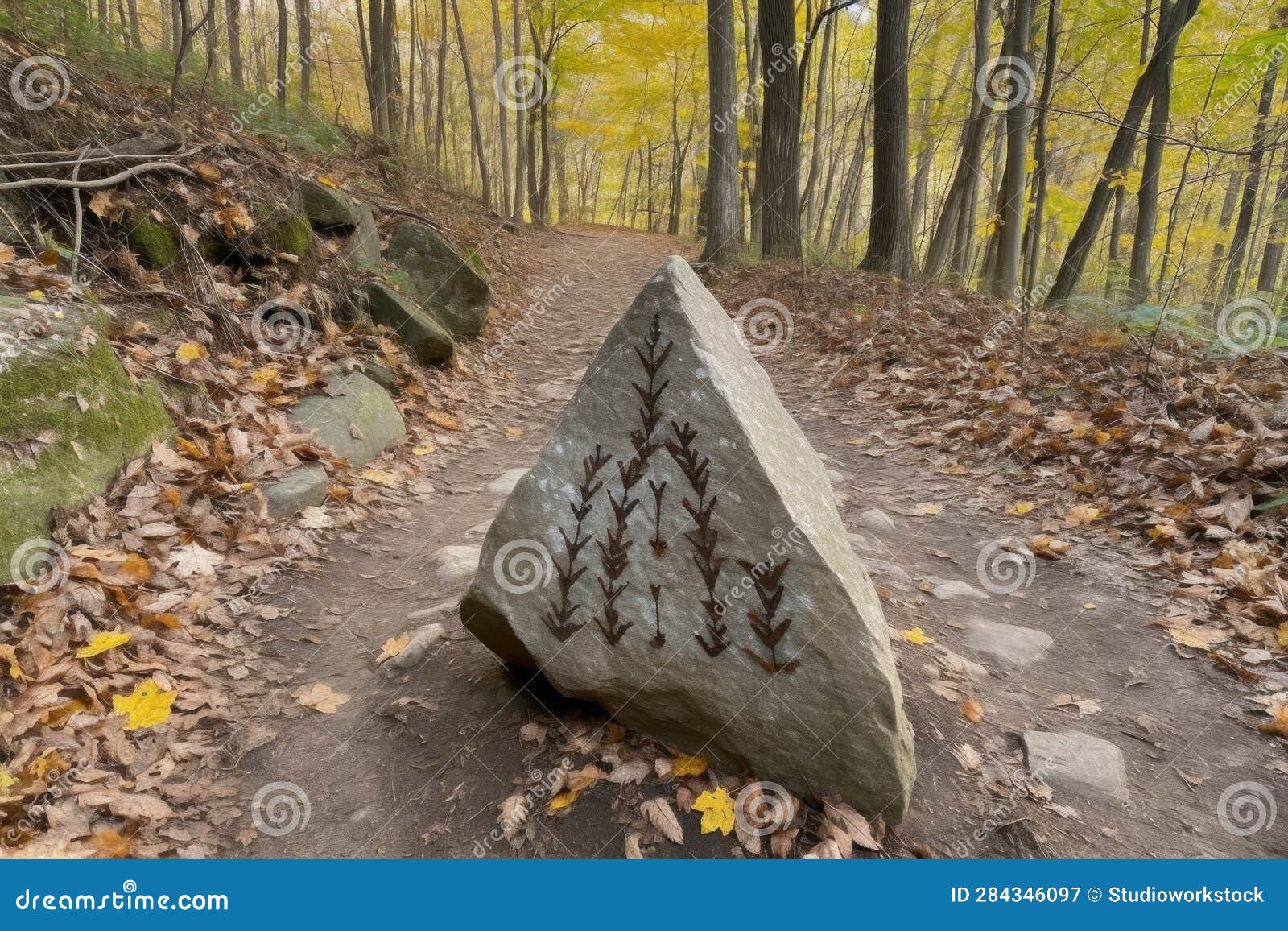 Trail Marker in the Shape of a Rock with Arrows Pointing Each Way Stock ...
