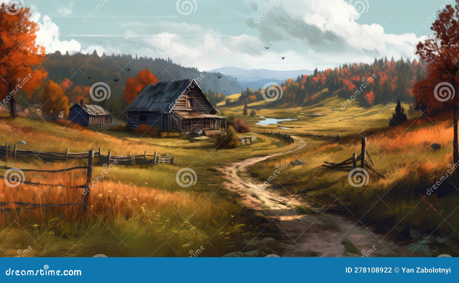 A Trail through a Quiet Rural Area with Farms and Fields. Generative AI ...