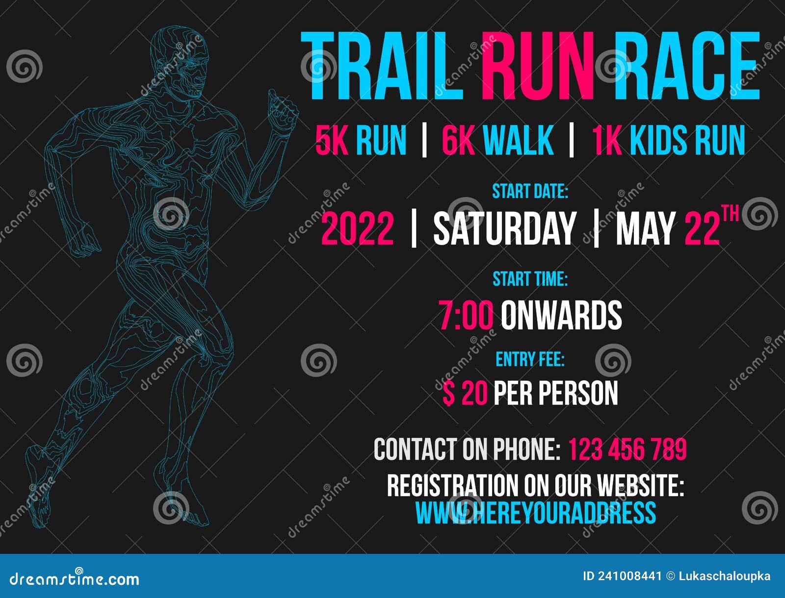 Trail Run Race Vector Flyer, Label with Blue Outline Runner Silhouette ...