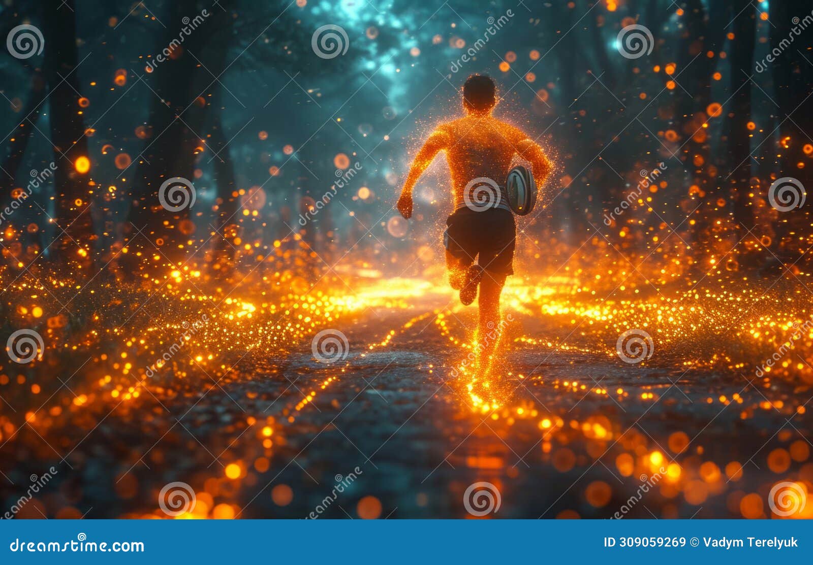 Trail Runner Running in Magical Forest with Fire Trail Stock Image ...