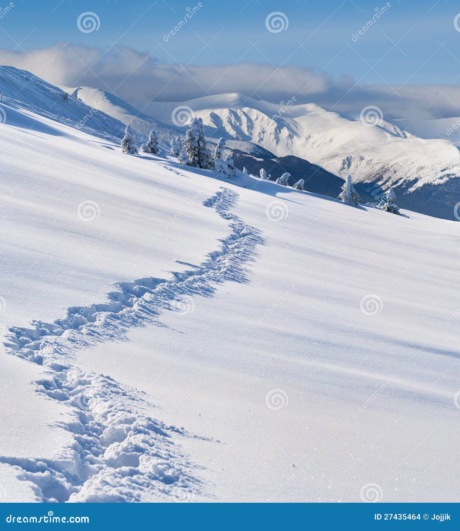 Trail in the Snow-covered Mountains Stock Photo - Image of bright ...