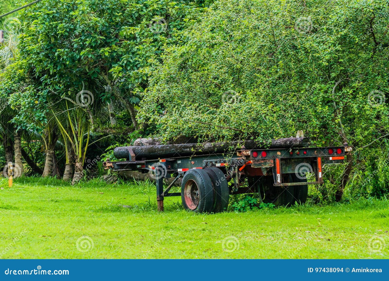 Trailer from a Logging Rig Under a Tree Stock Photo - Image of meadow ...