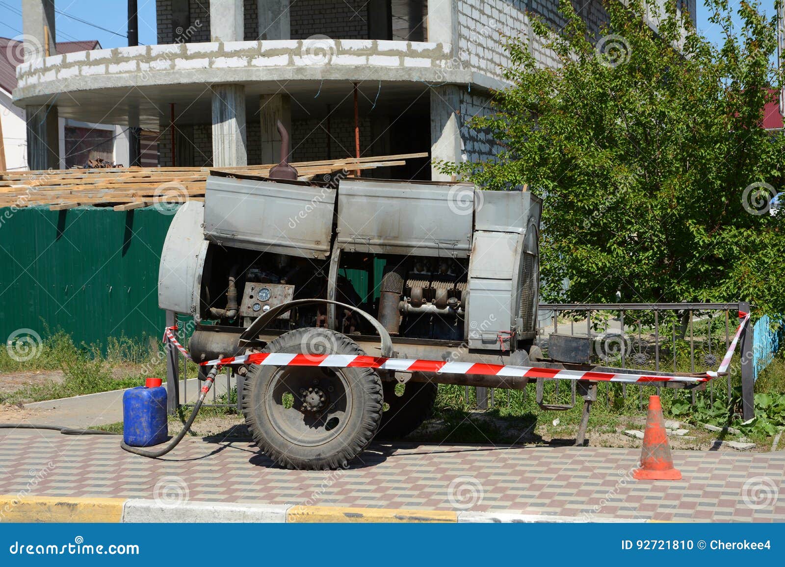 Old Diesel Mobile Generator Stands On A New Asphalt Road At A ...