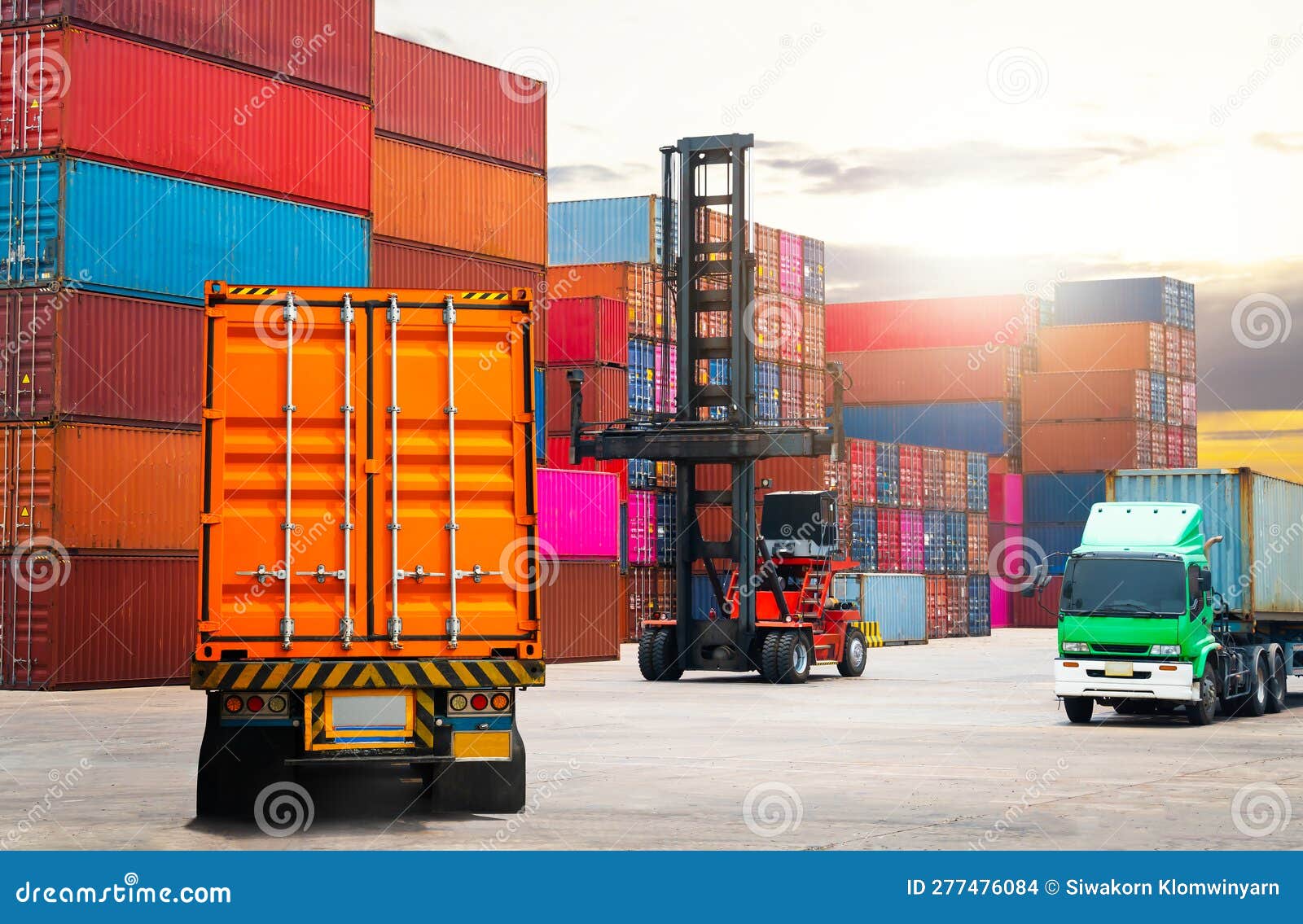 Trailer Trucks with Container Crane Tractor Unloading Container Box ...