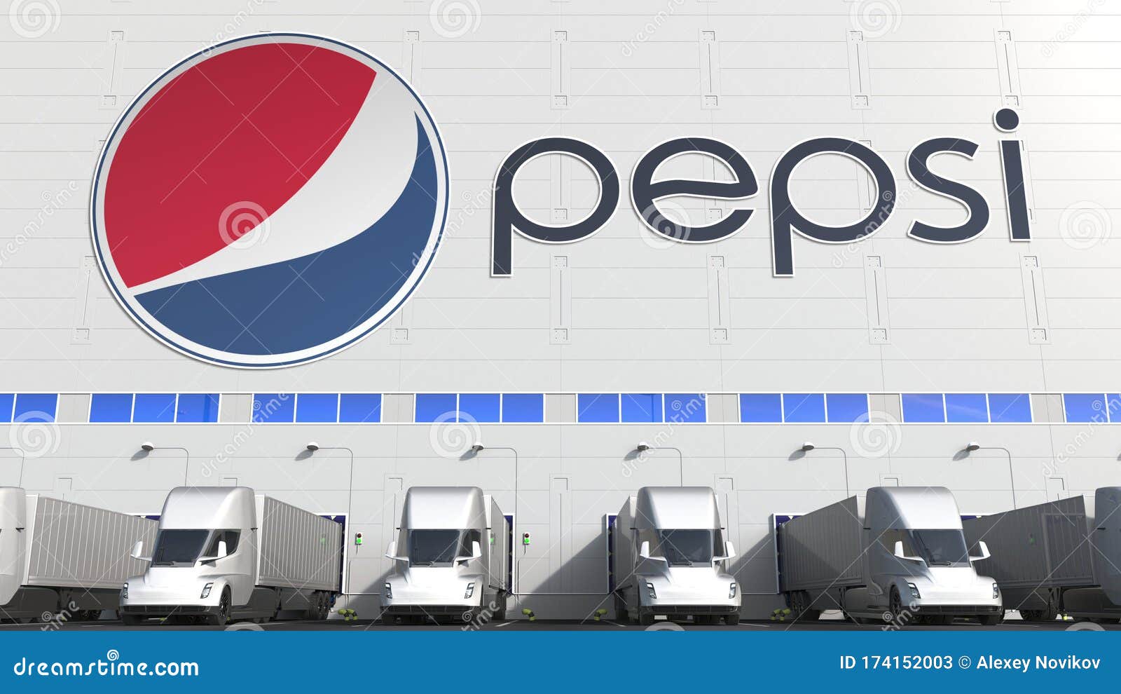Electric Trailer Trucks at Warehouse Loading Bay with PEPSI Logo on the ...