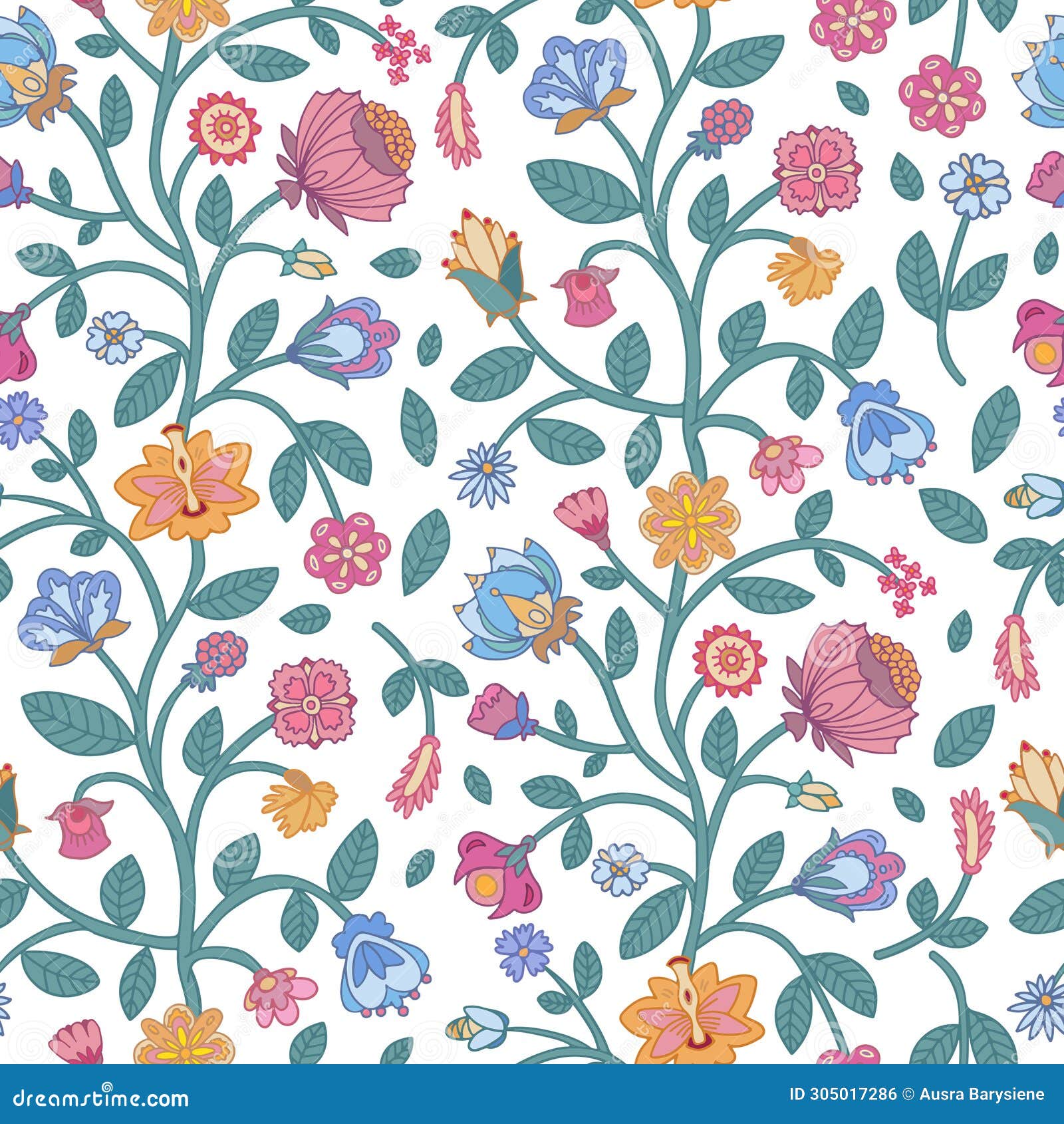 Trailing Multicoloured Floral Seamless Pattern on White Background ...