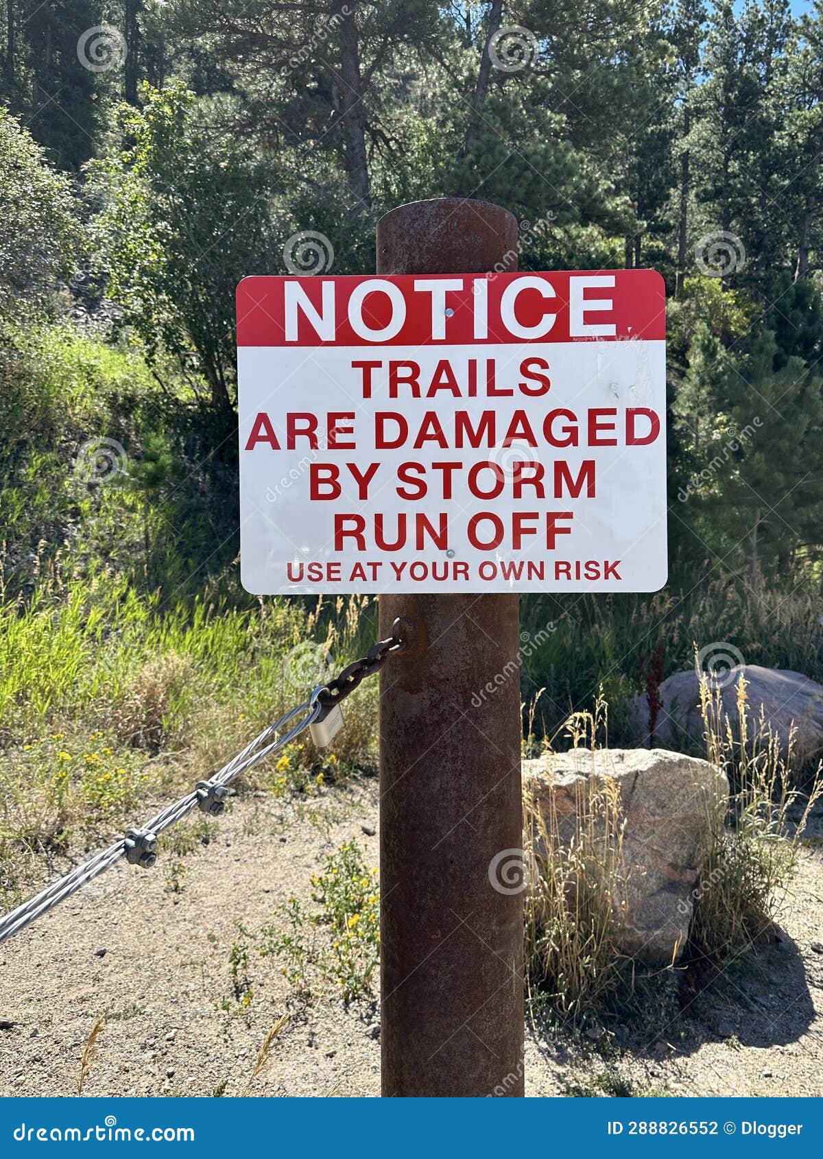 Trails are damaged sign stock photo. Image of danger - 288826552