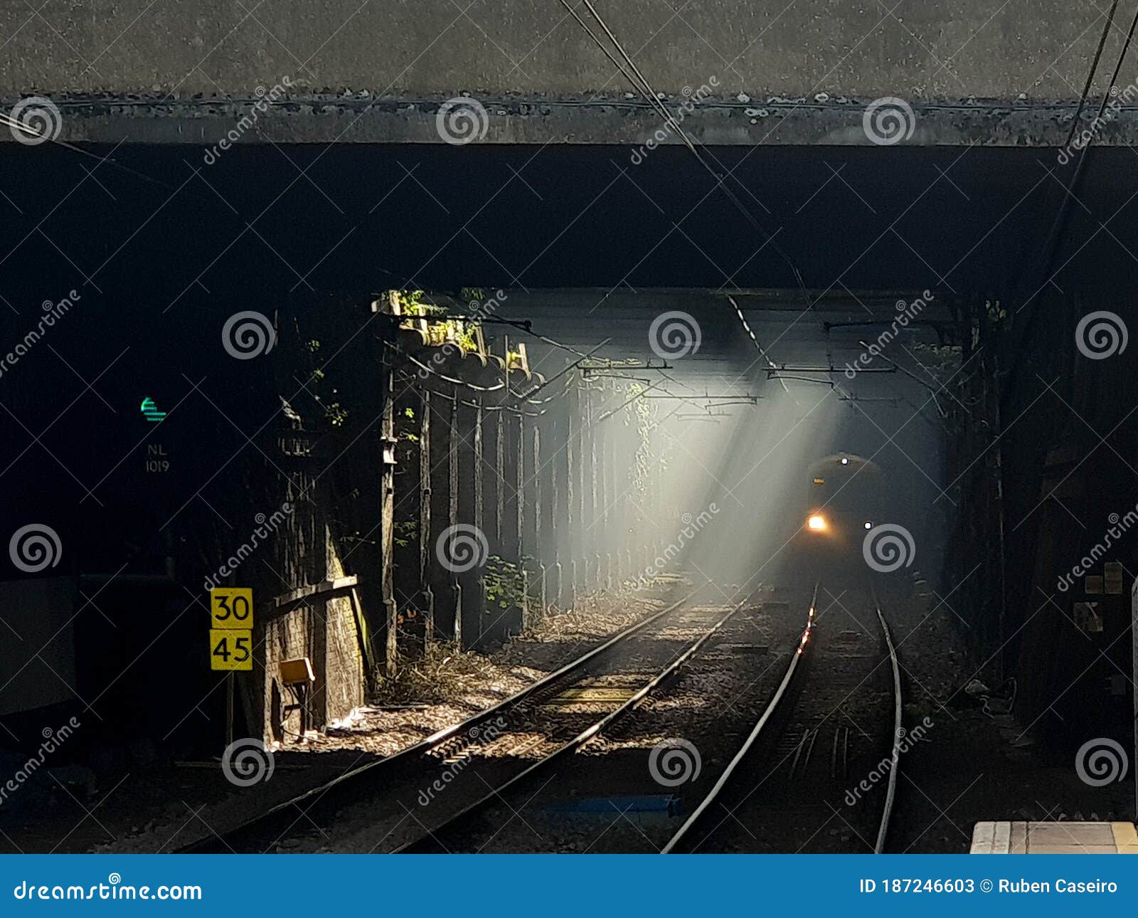 Train Approaching through a Dark Tunnel Half Litted on the Side Stock ...