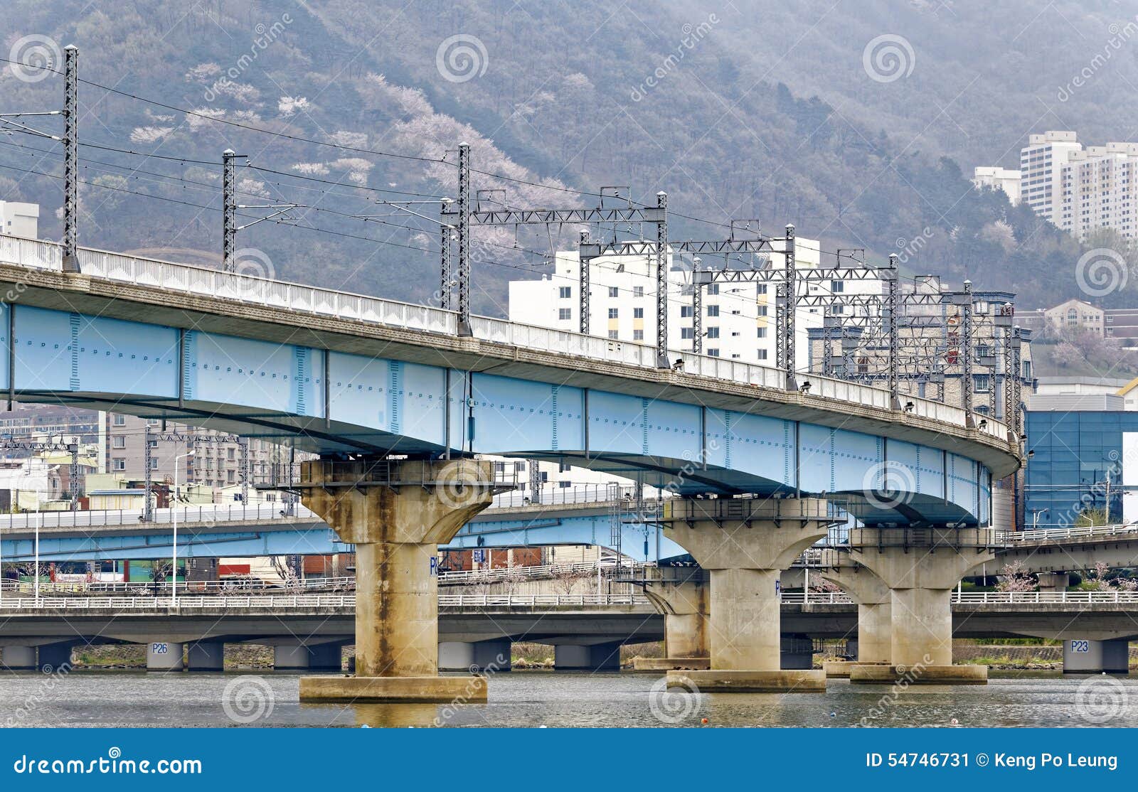 Train Bridge Across River and City Background at Busan Stock Image ...