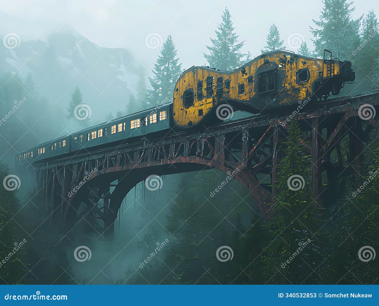 Train on a Bridge Surrounded by Misty Forest Landscape Stock ...