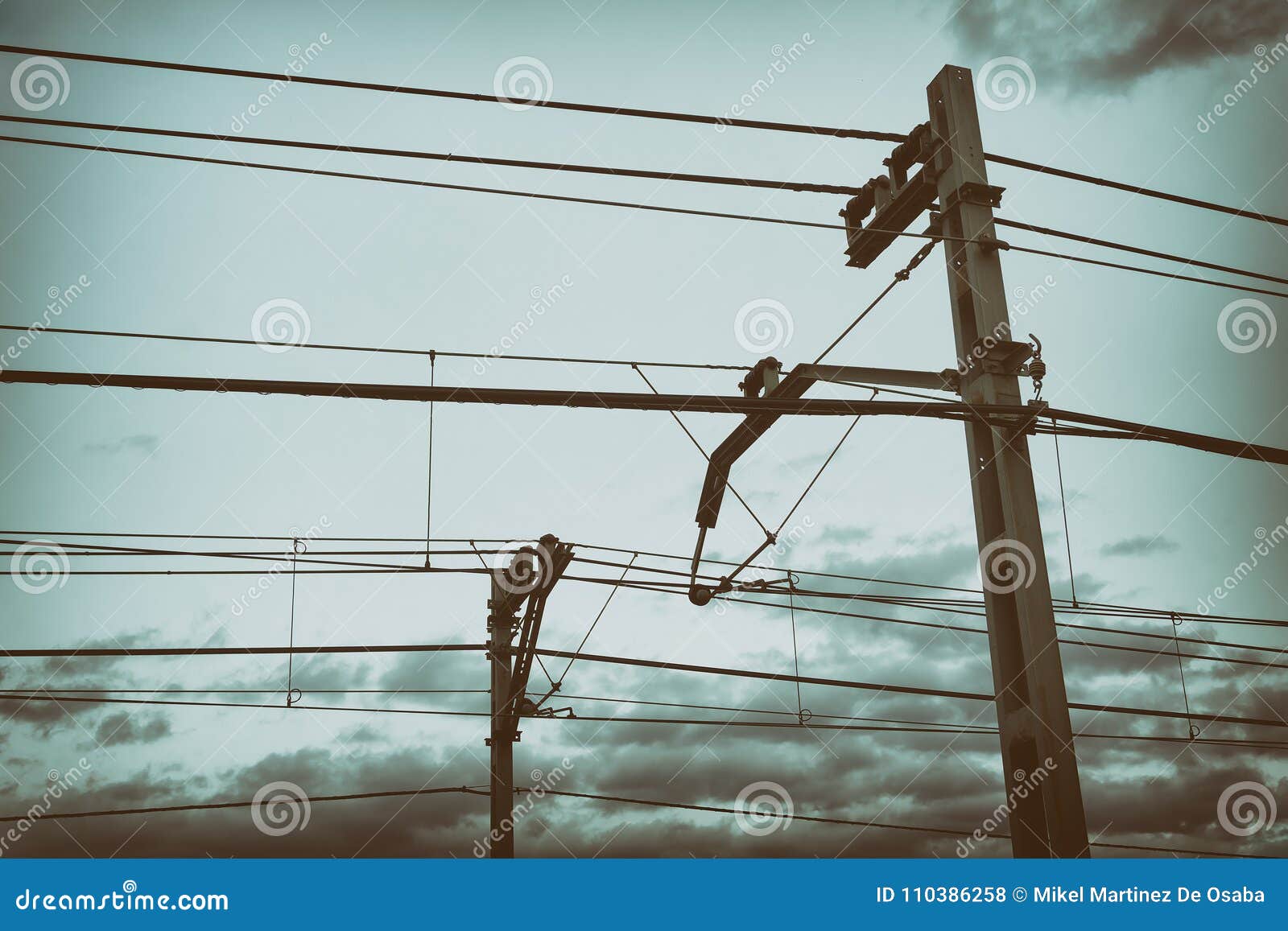 Train Cable Catenary and Poles with Vintage Filter Stock Photo - Image ...