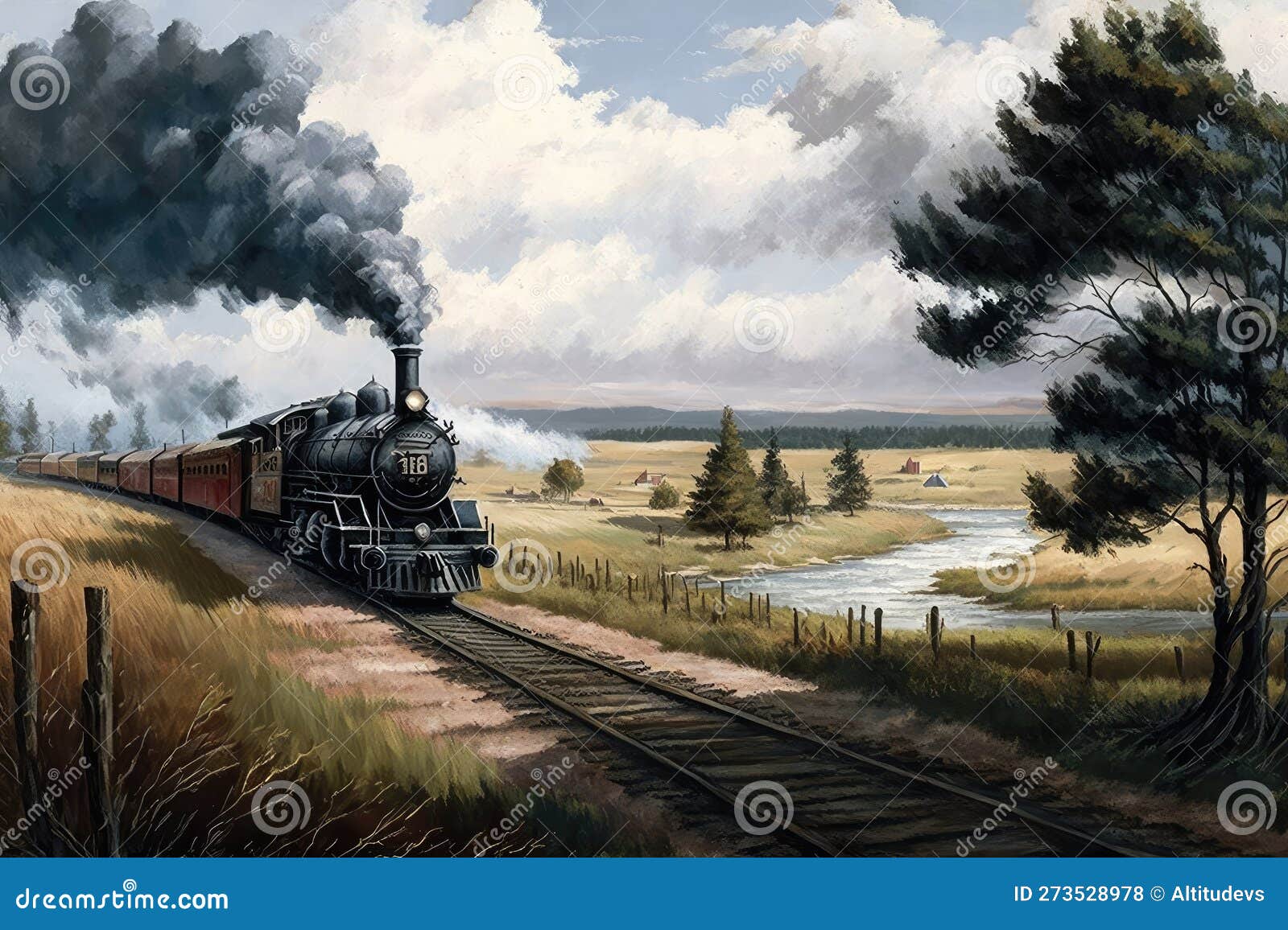 Train Chugging Along the Tracks, with View of Scenic Rural Landscape ...
