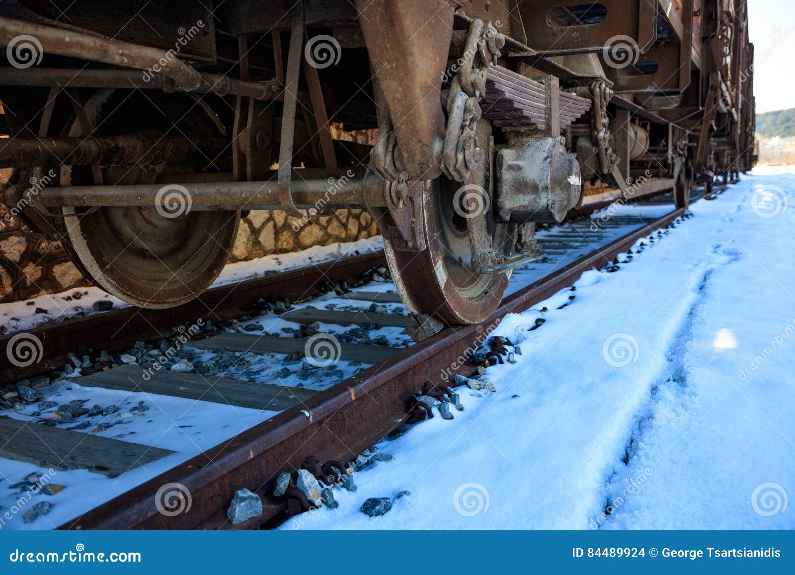 Train Closeup on Snowy Railroad Tracks Stock Photo - Image of sign ...