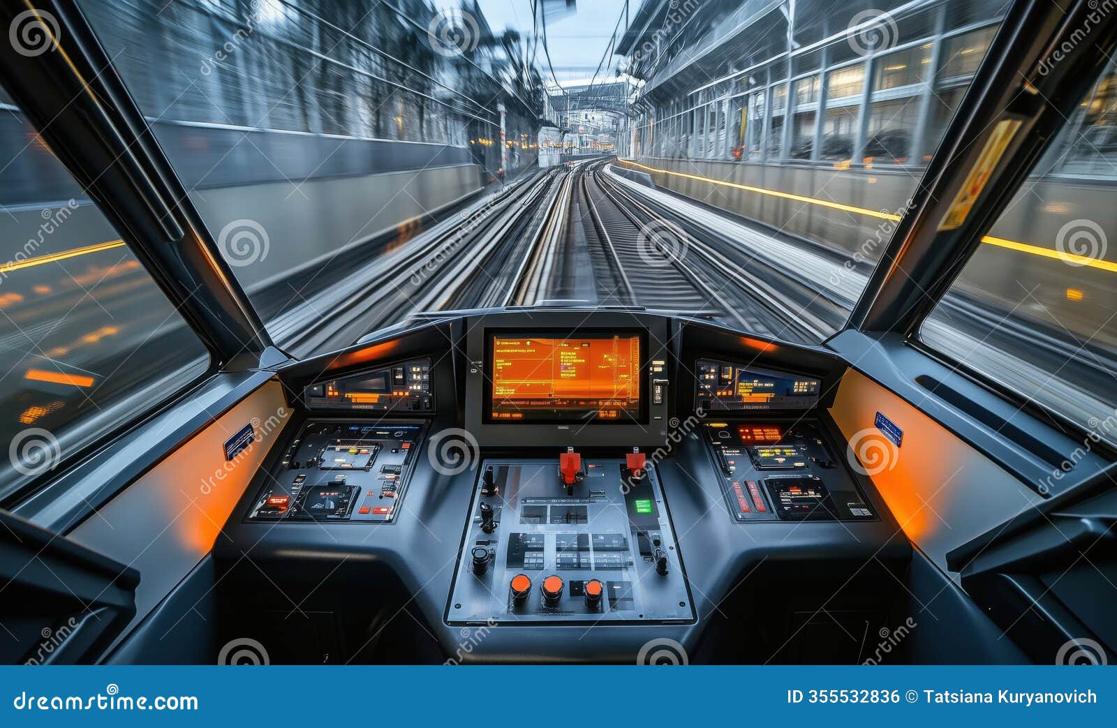 Train Cockpit View Showcasing Modern Control Panel, Dynamic Rail Tracks ...