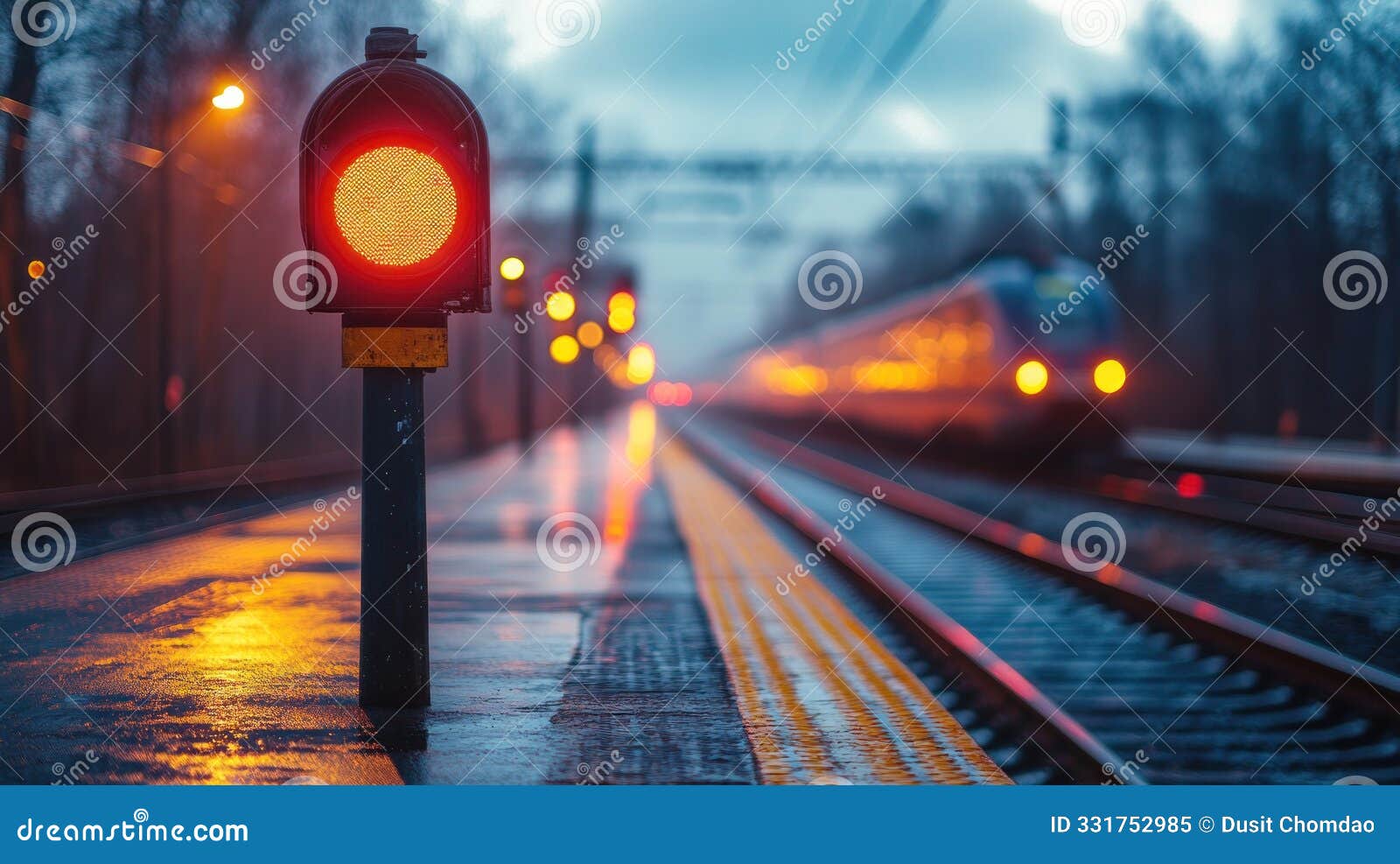 A Train is Coming Down the Tracks and a Light is on Stock Image - Image ...