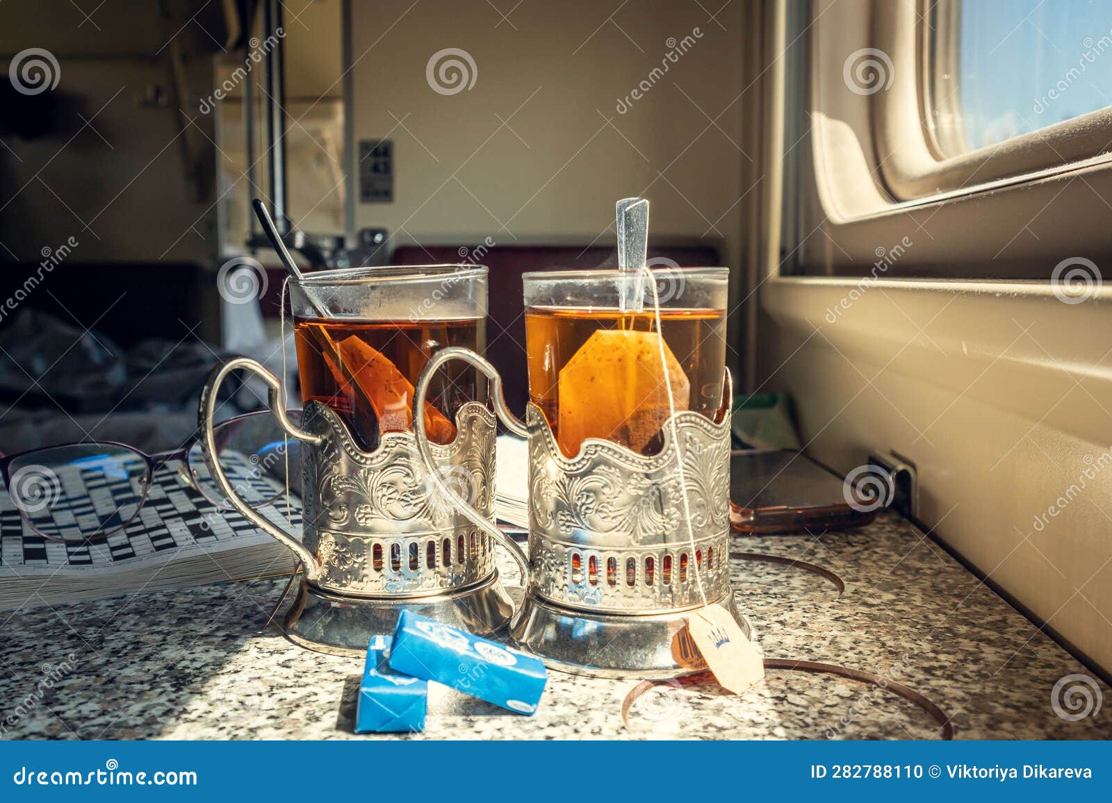 Train Compartment with Tea and Cup Holders. Stock Photo - Image of beer ...