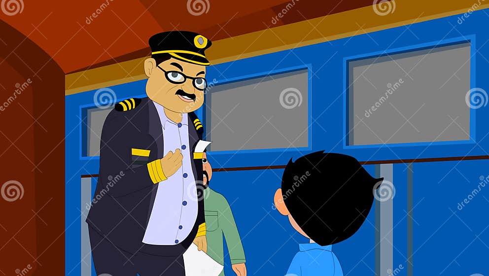 Friendly Train Conductor Checking Tickets of Passengers in Cartoon ...