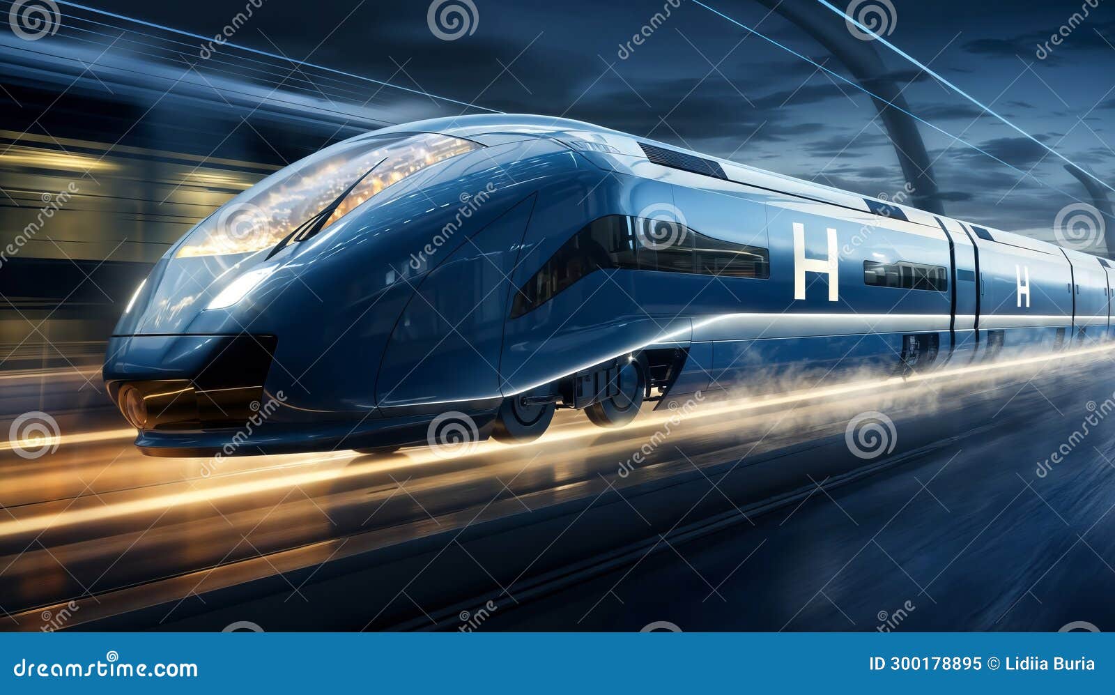 High-speed Hydrogen Train on the Road with Motion Blur. Concept of ...