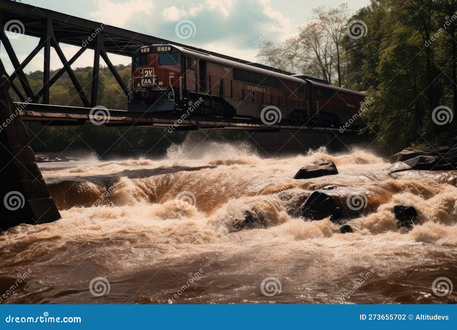 Train Crossing a Bridge Over a Rushing River Stock Photo - Image of ...