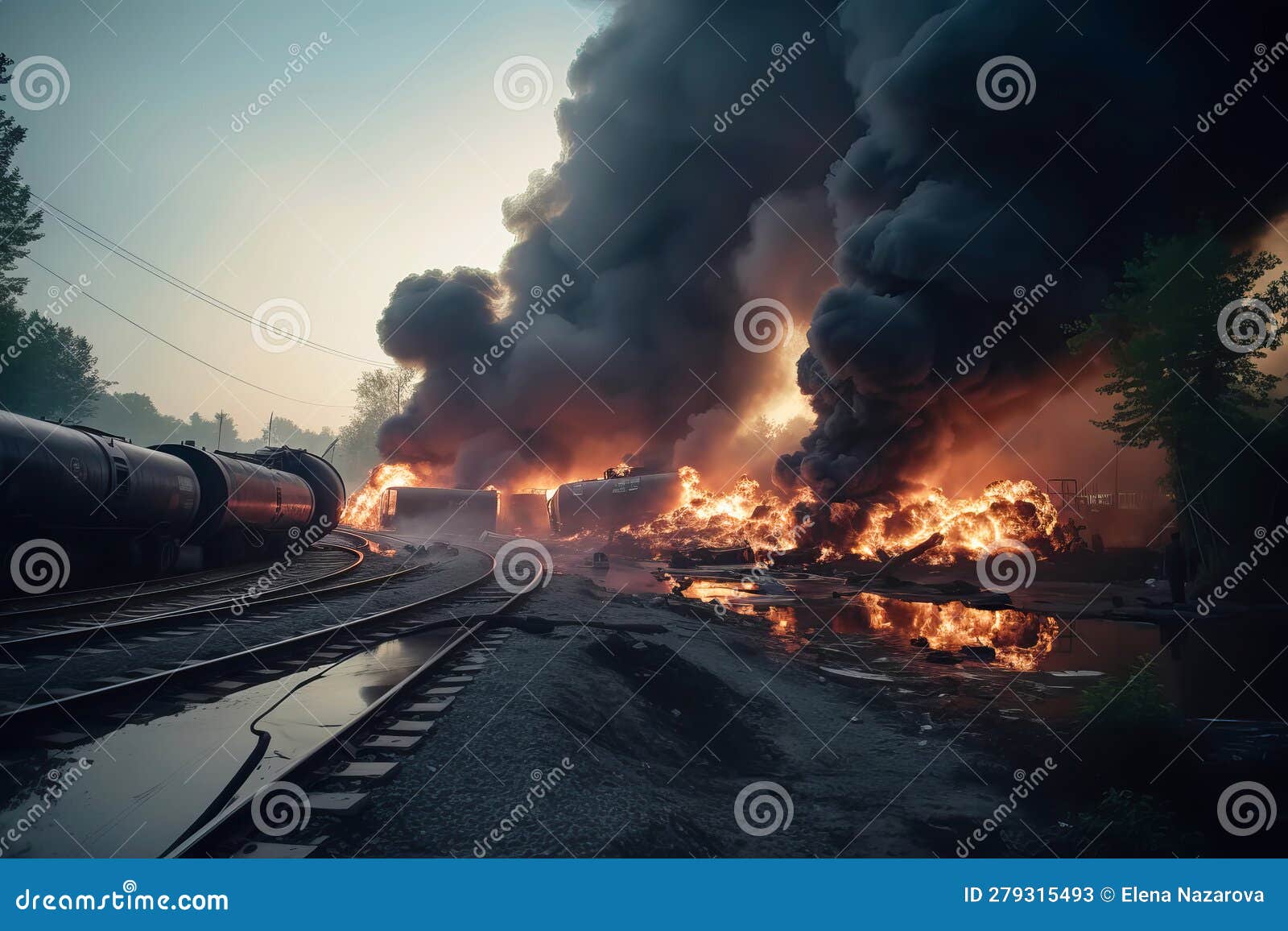 Train Derailed Exploding With Fire And Smoke. Generative AI ...