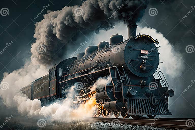 Train Engine, with Smoke Billowing from the Stack and Steam Rising from ...