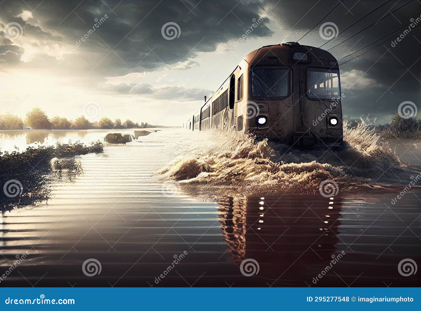 A train on a flooded road stock photo. Image of railway - 295277548