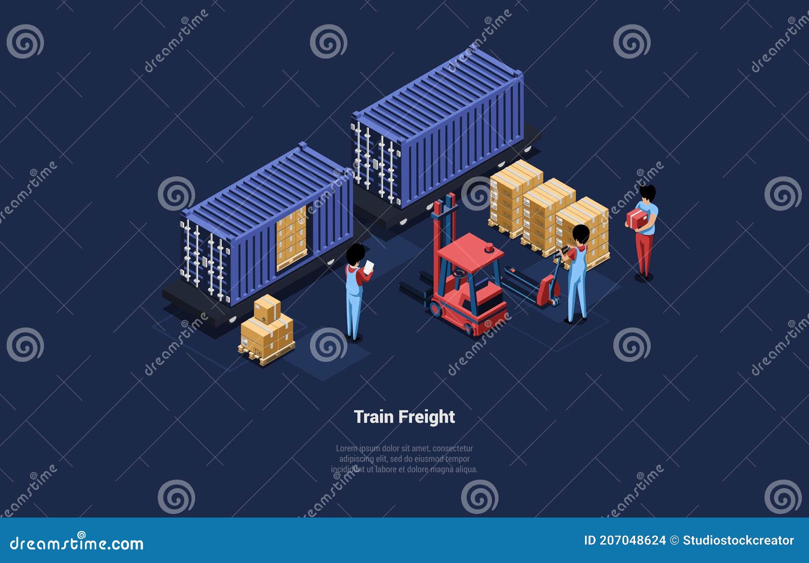 Train Freight Concept Vector Illustration in Cartoon 3D Style on Dark ...