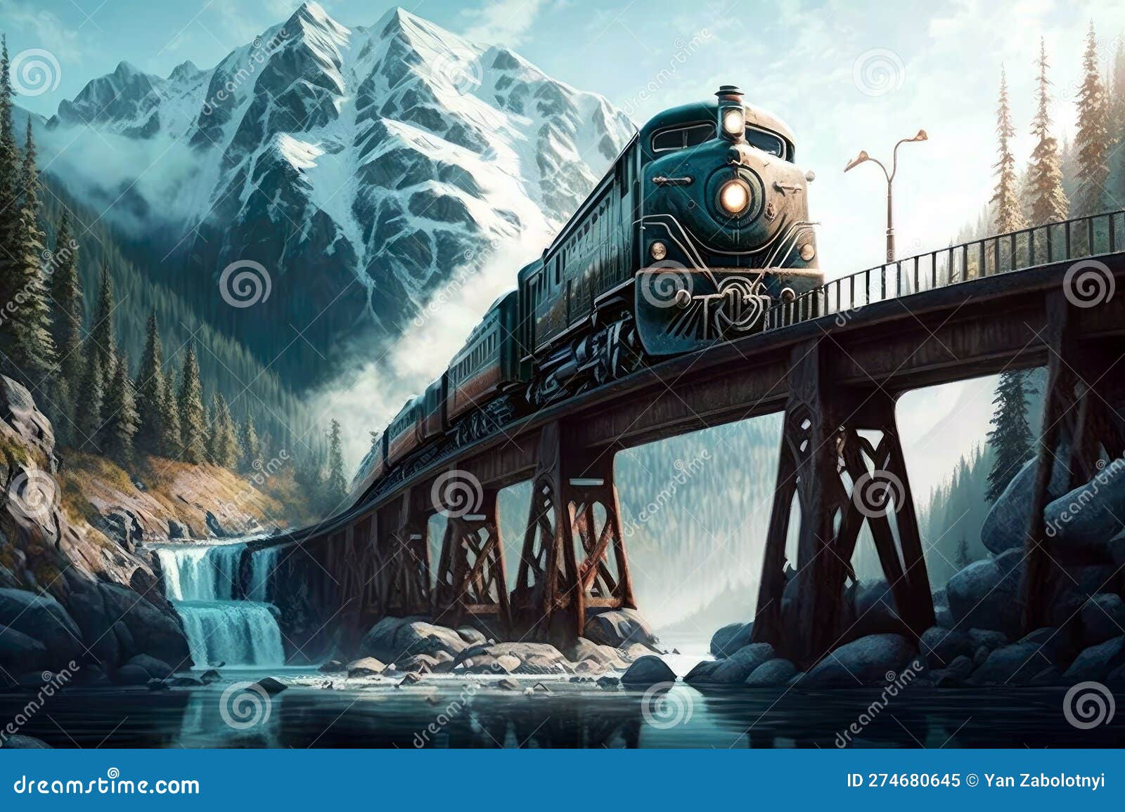 The Train is Going Over the Bridge There are Big Mountain. Generative ...