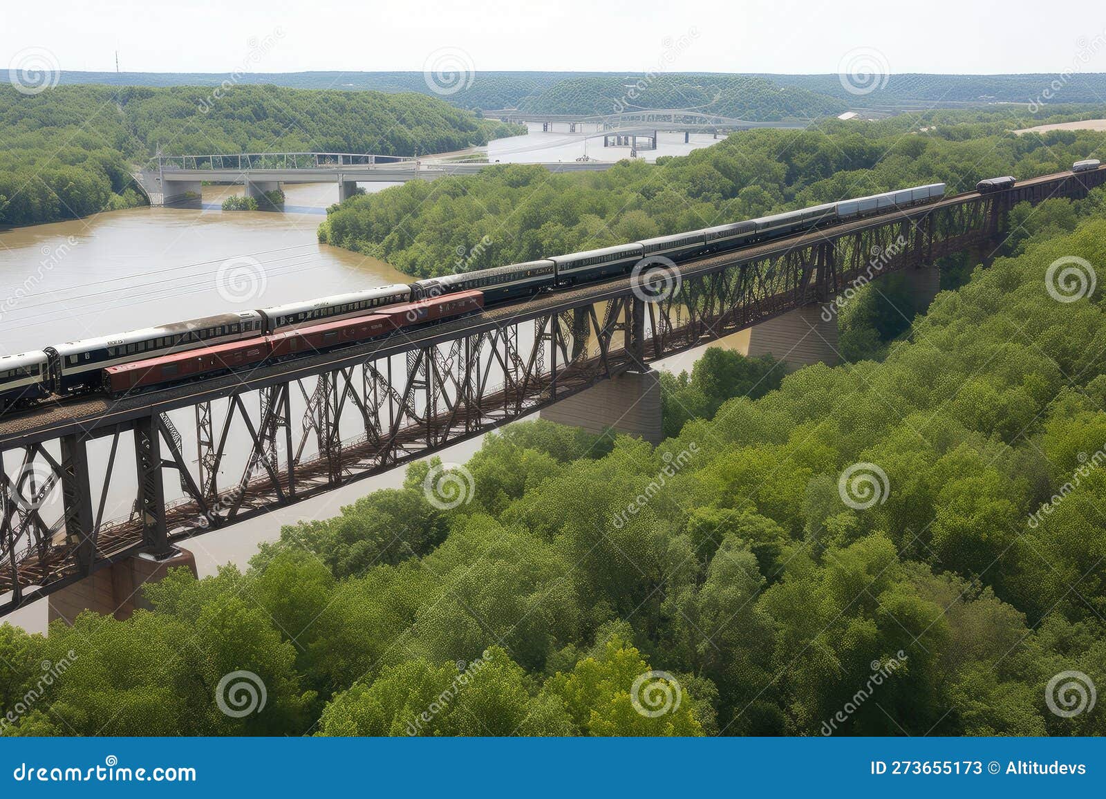 Train Going Over Bridge, with View of the River Below Stock ...