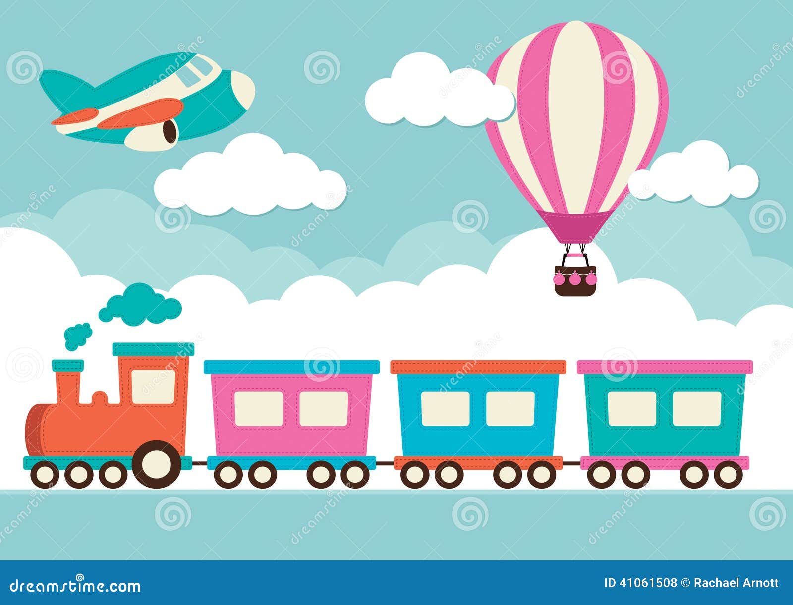 Train, Hot Air Balloon And Plane Vector Illustration | CartoonDealer ...