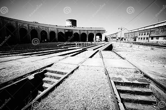 Train Lines, in the Background Old Train Workshop Stock Image - Image ...