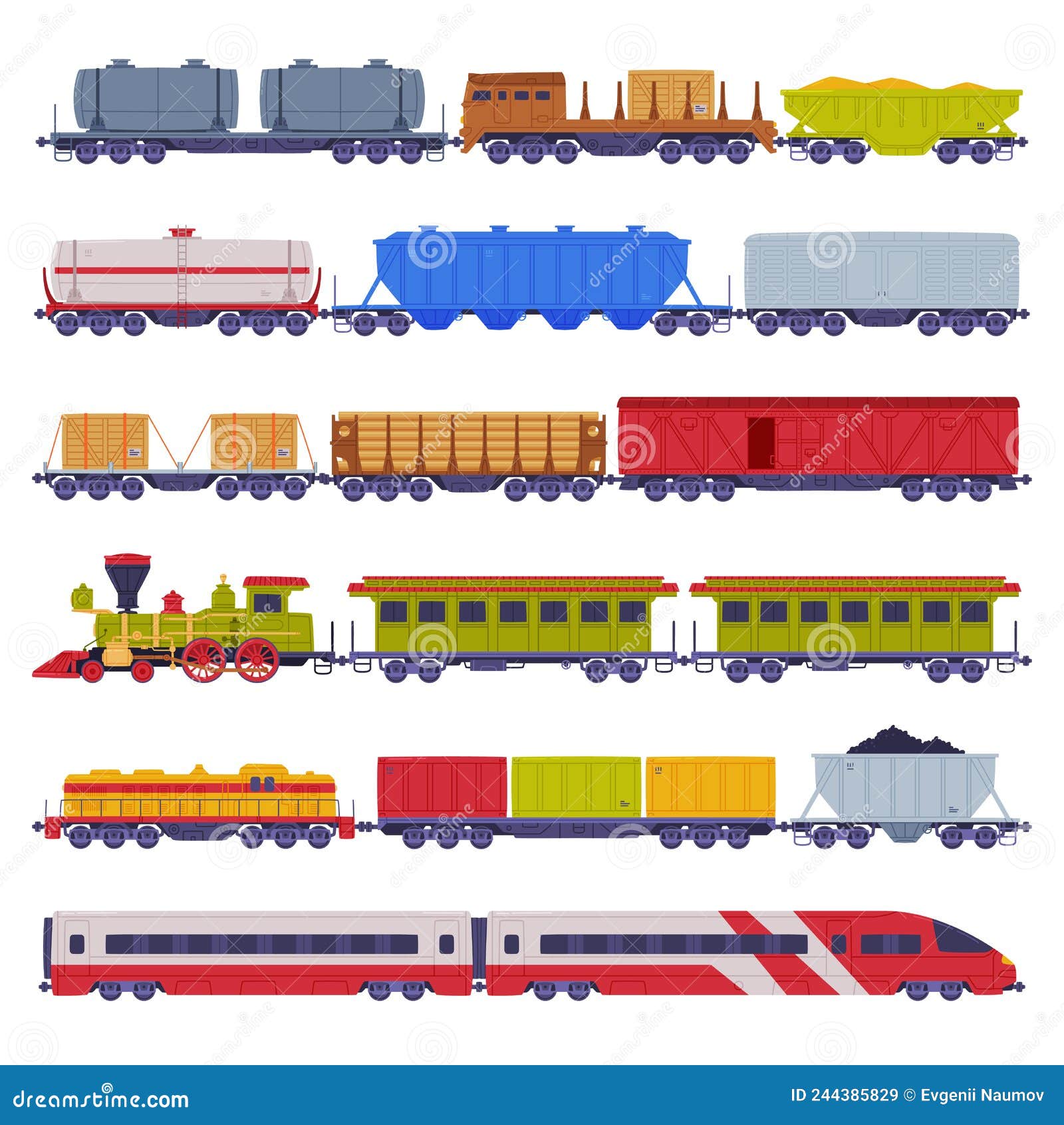Train or Locomotive with Wagon Pulling Freight and Cargo Vector Set ...