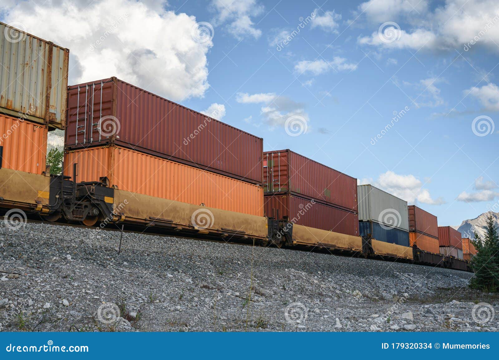 Train Long Freight Passing with Container Loading on Railway in Valley ...
