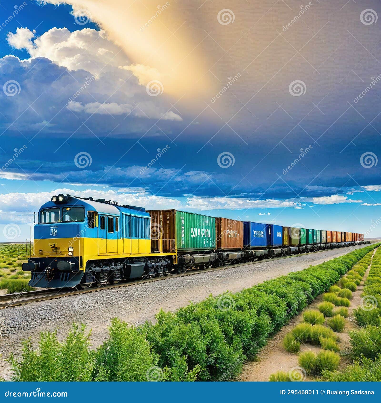 A Train with Many Cargo Containers on the Side of the Tracks in a ...