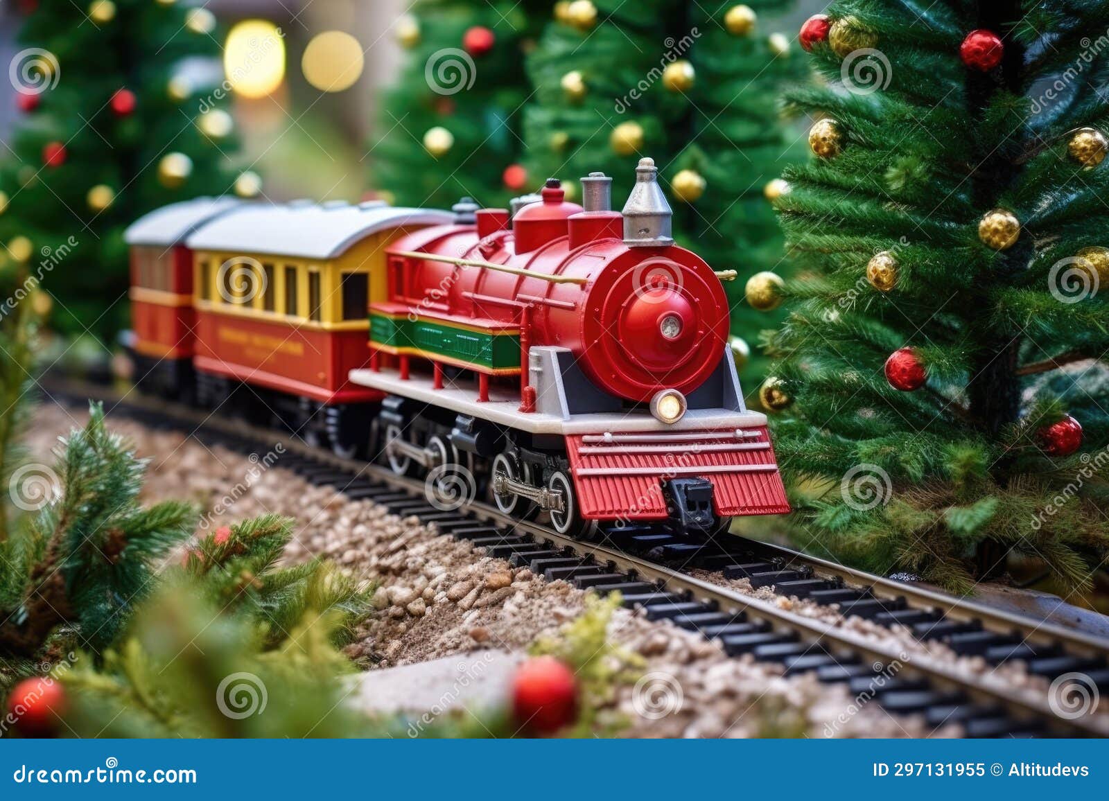 Train Model Surrounded by Pine Trees and Christmas Decorations Stock ...