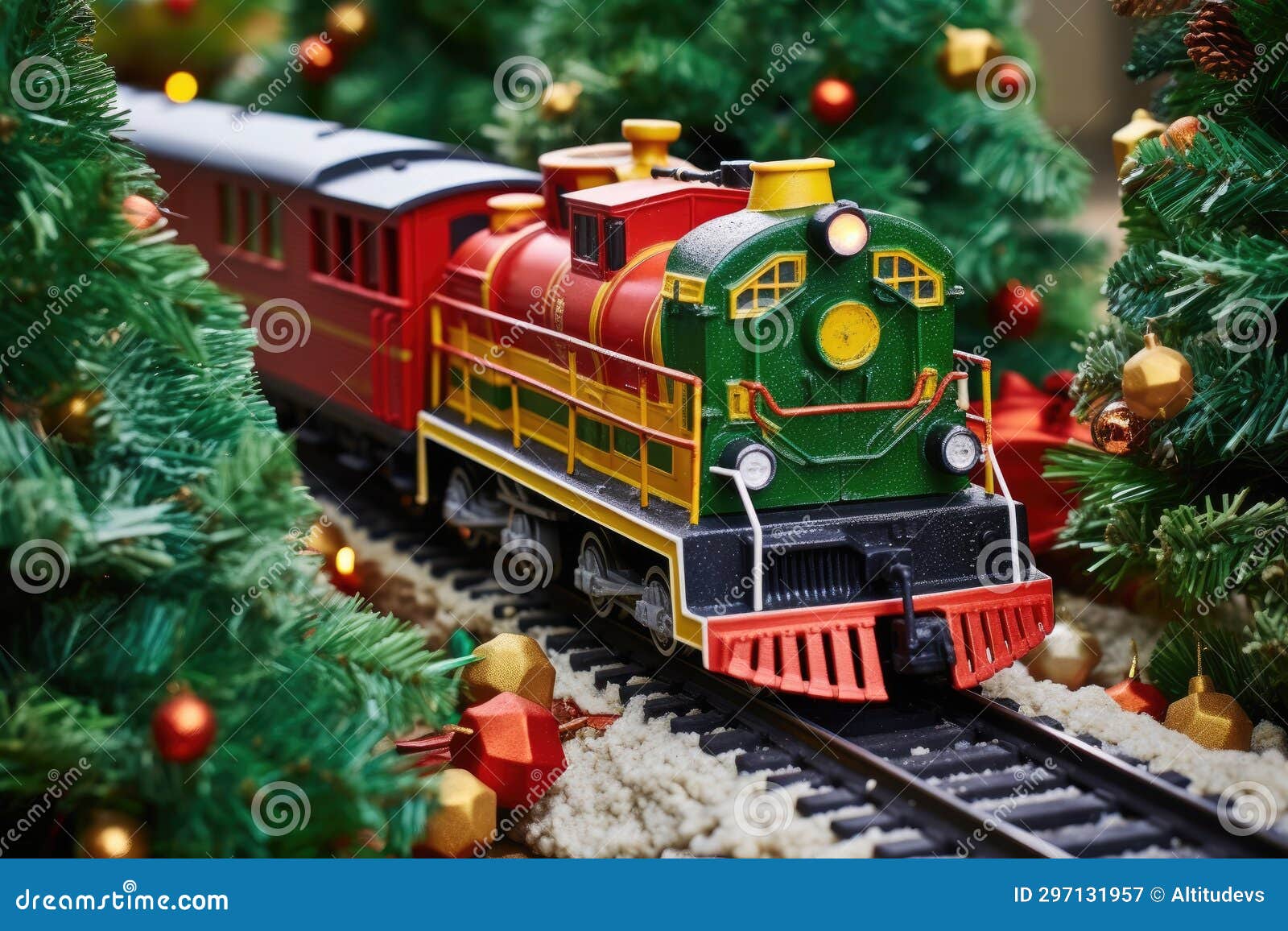Train Model Surrounded by Pine Trees and Christmas Decorations Stock ...