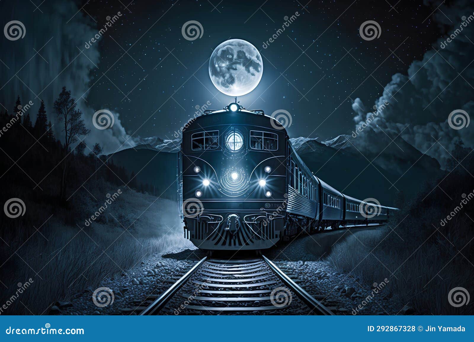 Train with Moon in the Night Sky. 3d Rendering Toned Image Stock ...
