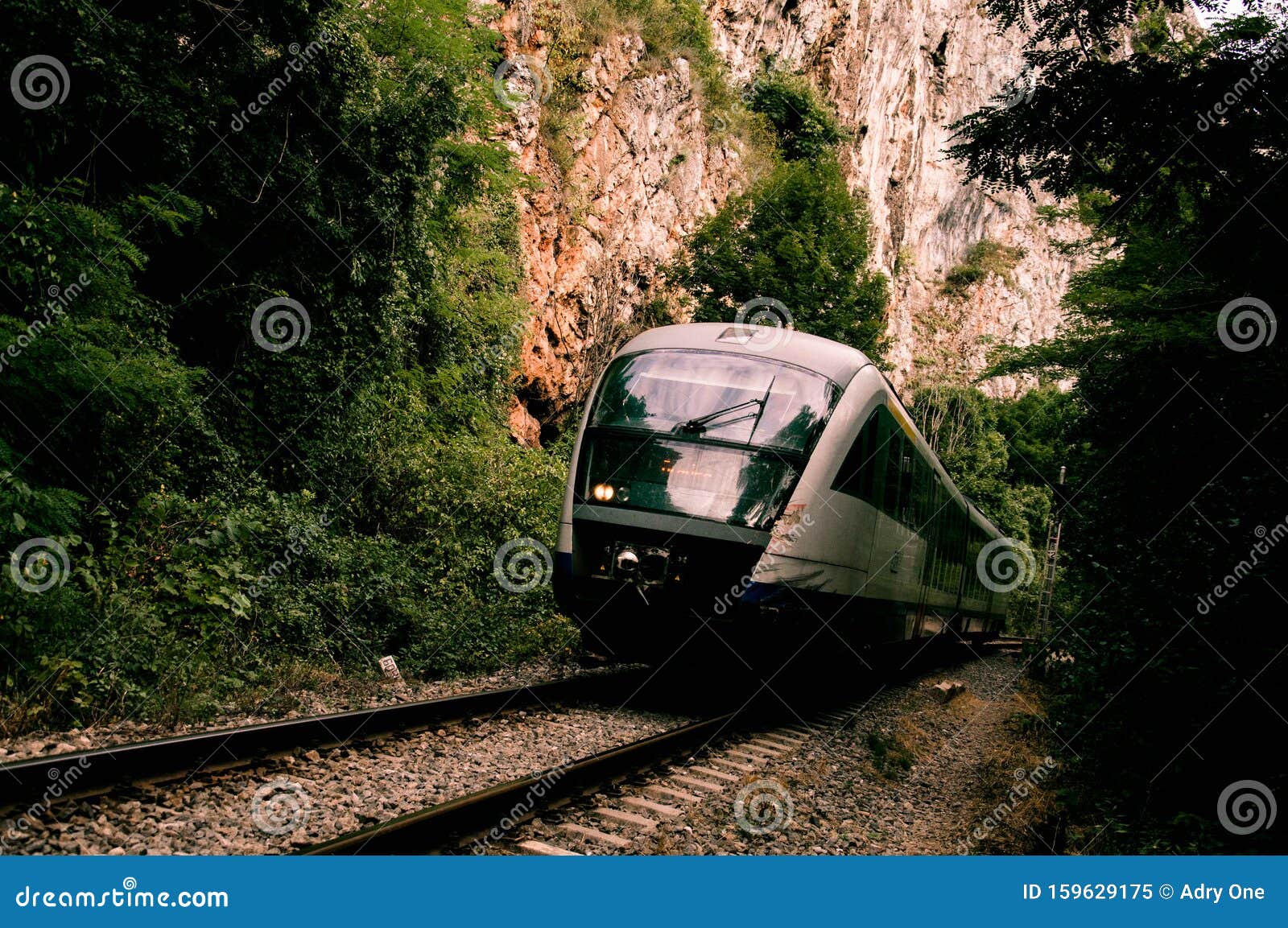 Train In Mountains. Railway Among Rocks. Travelling Background. Stock ...