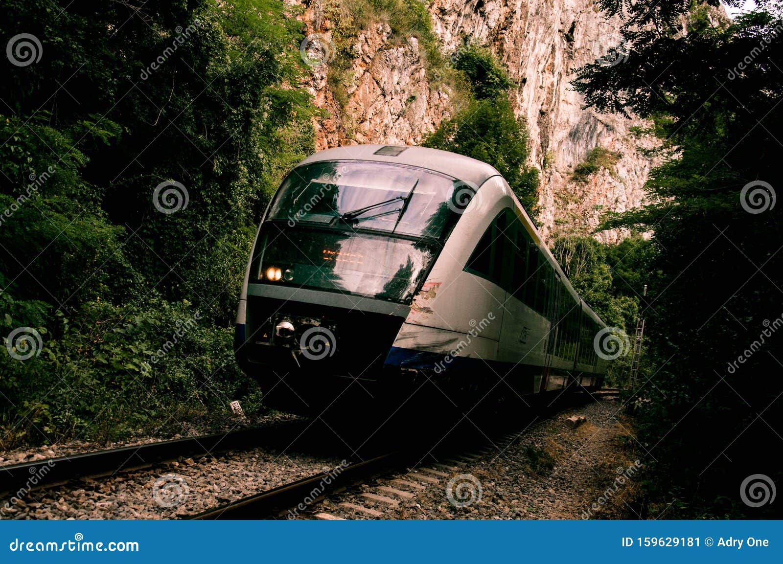 Train In Mountains. Railway Among Rocks. Travelling Background. Stock ...