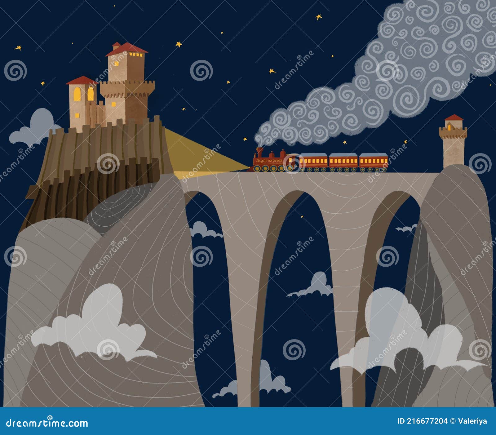 Train is Moving Across the Bridge To the Castle at Night Stock ...