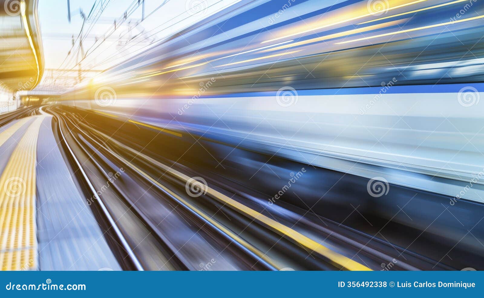 A Train is Moving Along the Tracks with a Bright Yellow Sun in the ...