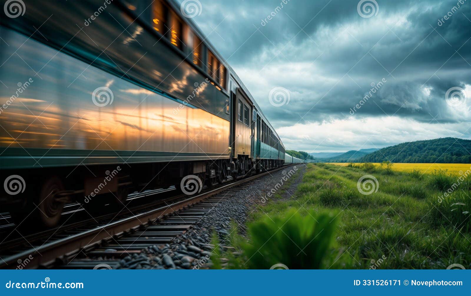 Train Moving in Rainy Weather. Side View of the Carriages Stock ...