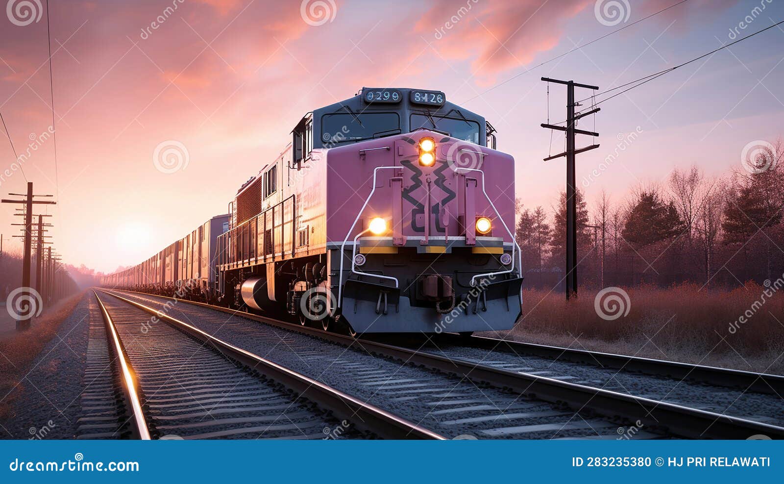 Train Passing by in Front of the Railroad Tracks at Sunrise. Generative ...