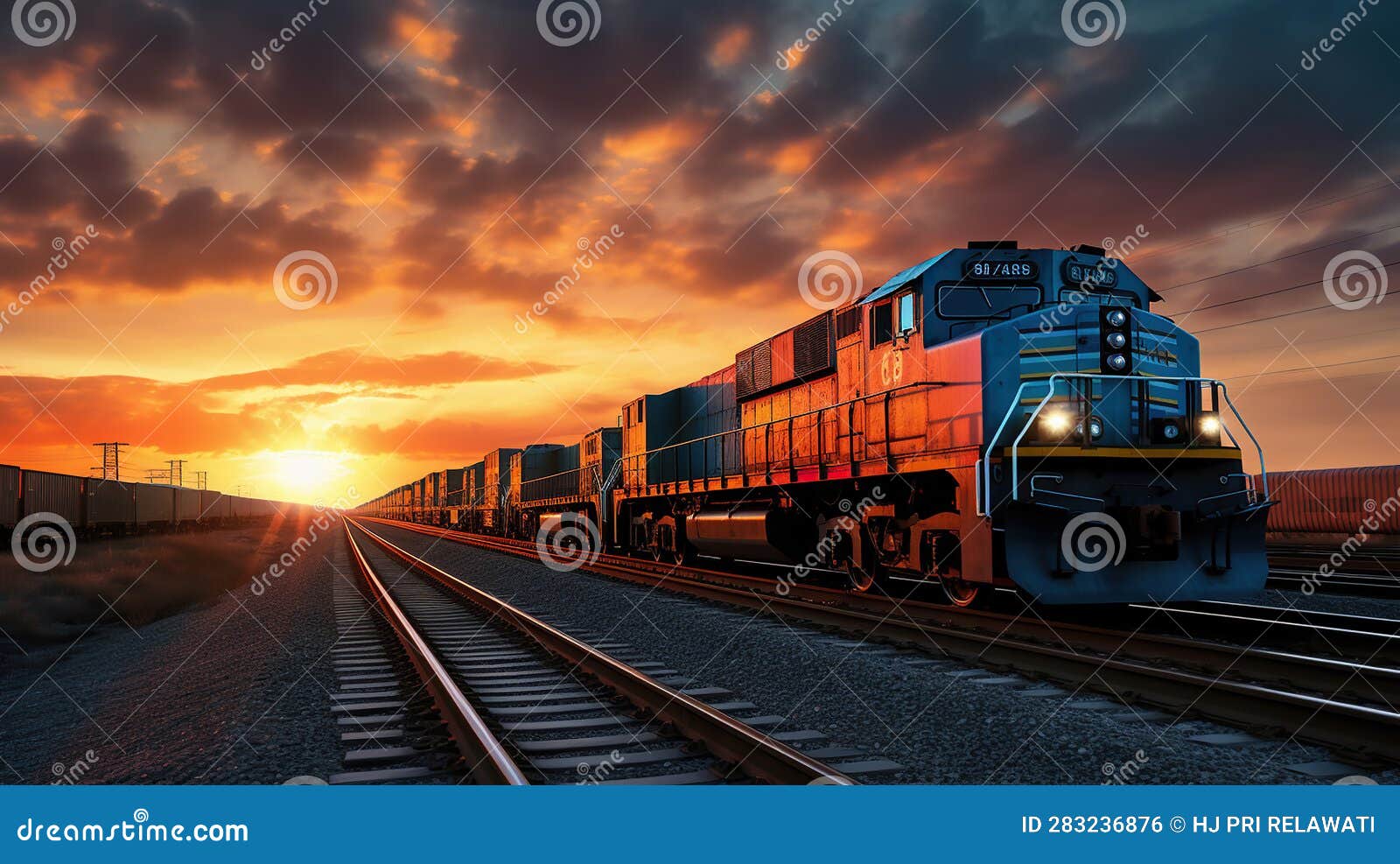 Train Passing by in Front of the Railroad Tracks at Sunrise. Generative ...